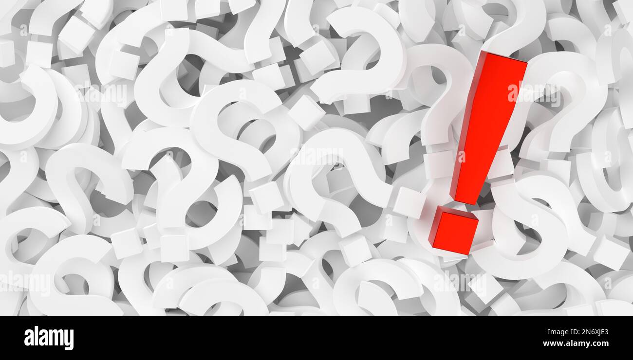 Red exclamation mark on heap of white question marks, problem or answer ...