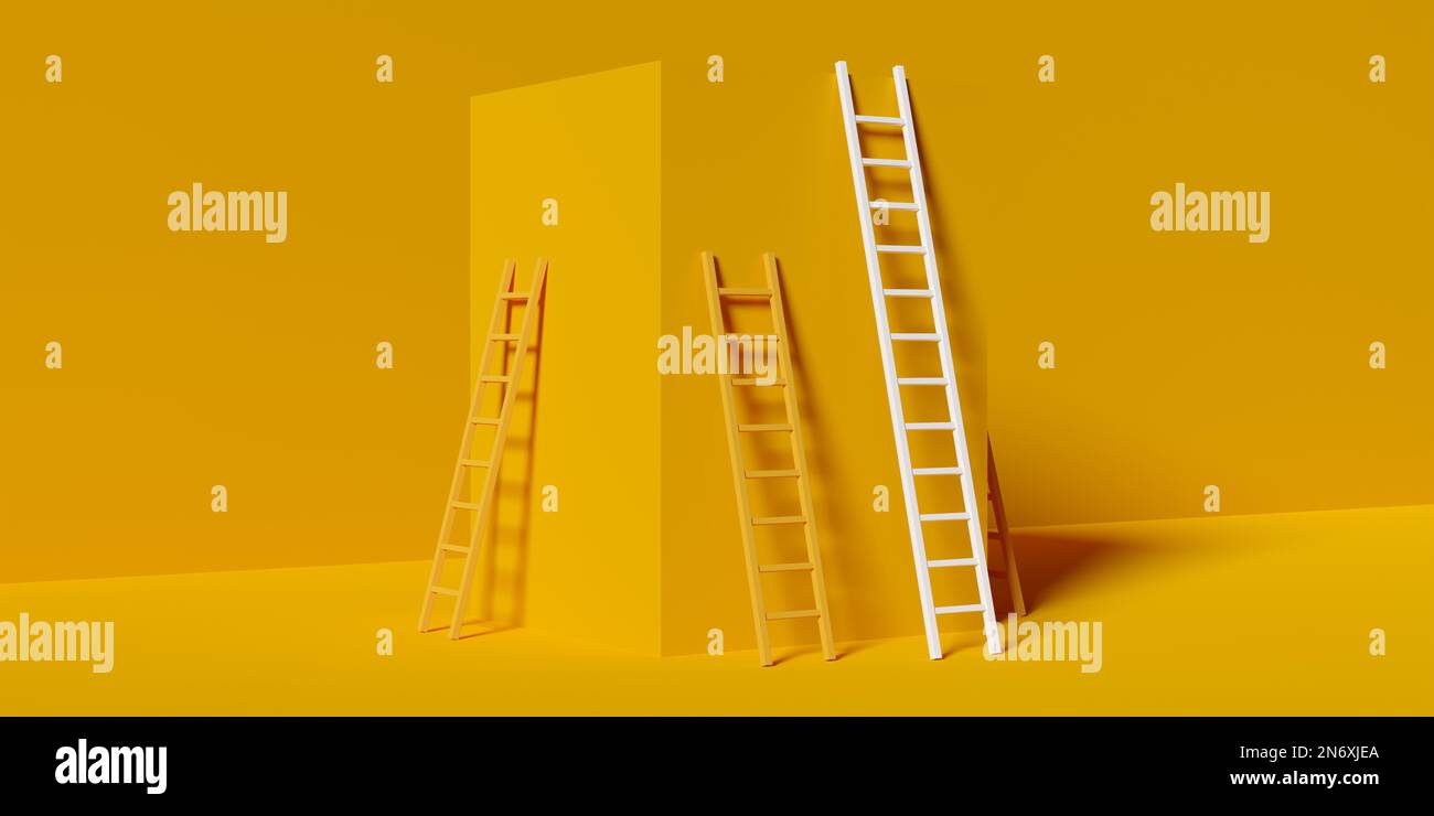 Many ladders with one longer than the others against yellow box ...