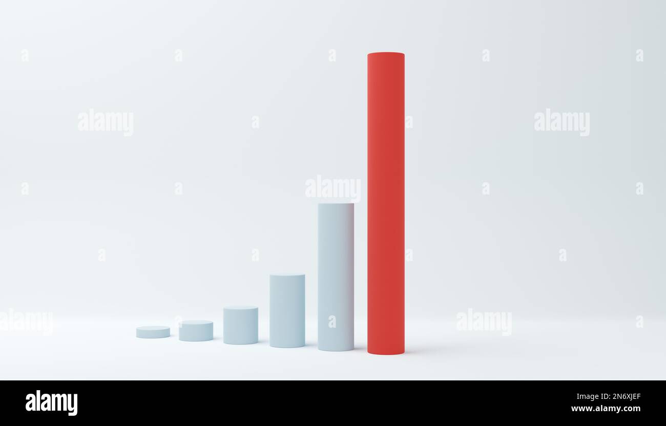Red cylinder at the end of rising bar graph of blue cylinders on blue ...