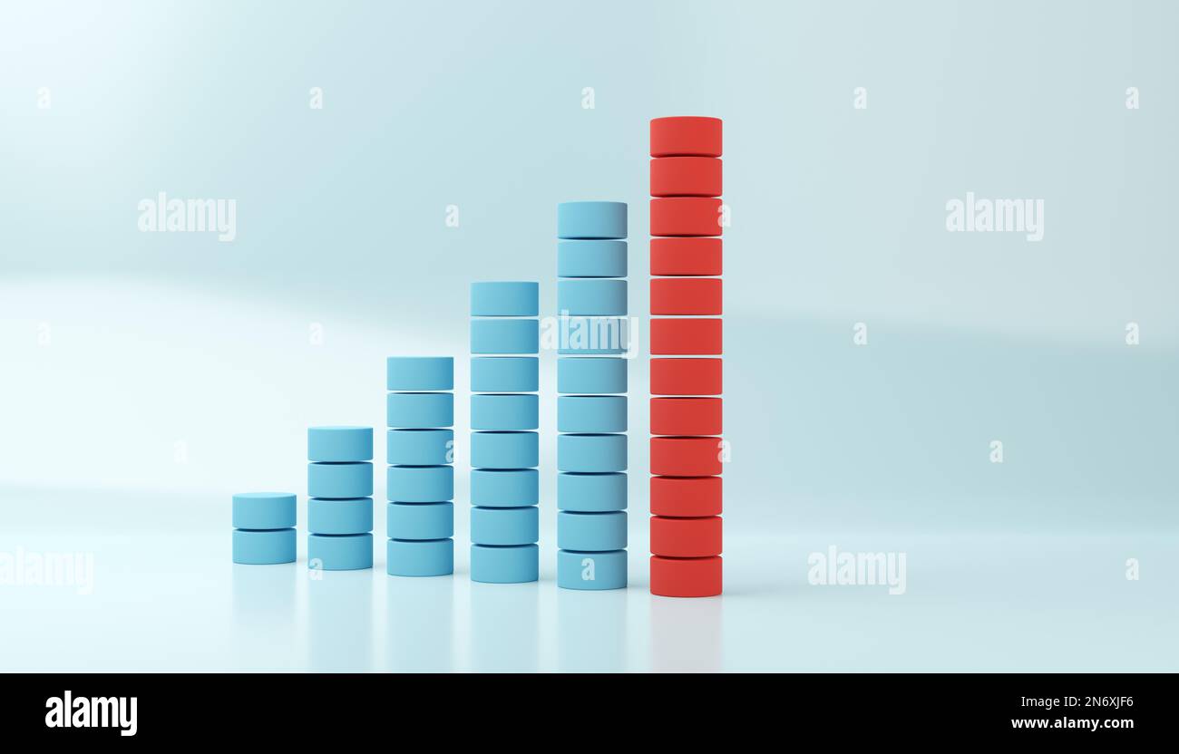 Rising bar graph of blue cylinders with last one red on blue background ...