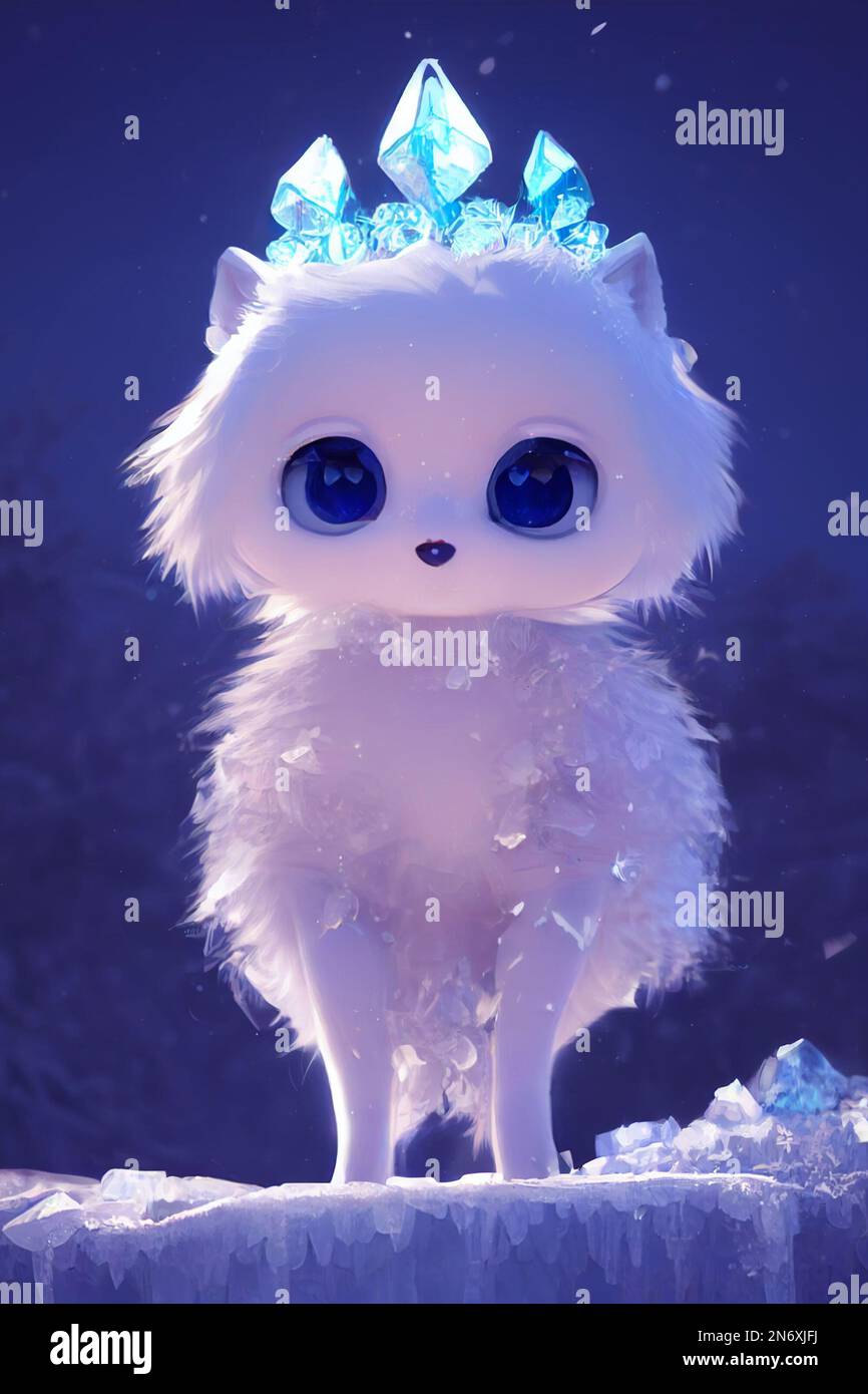 A vertical illustration of a cute cartoon white wolf snow queen in the ...