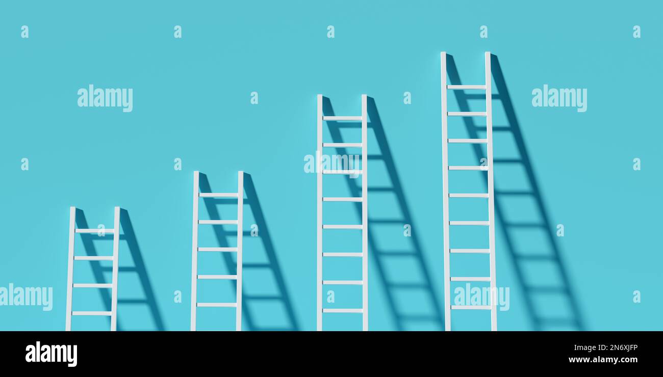 Series or row of ladders against cyan wall background, business success ...