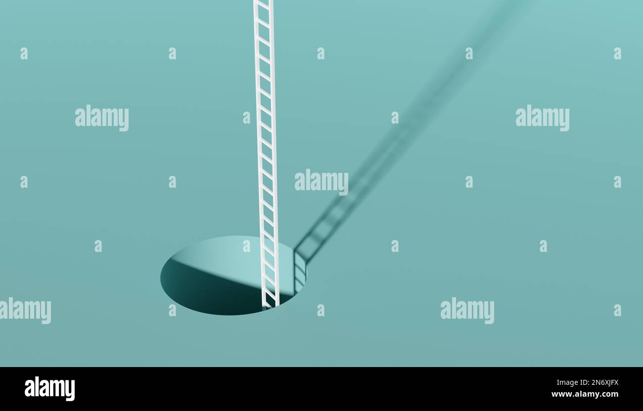 White ladder through hole in the floor extending endlessly on green ...
