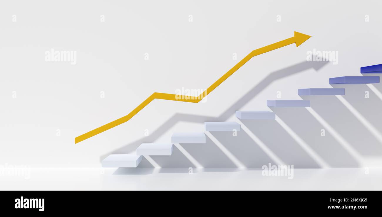 Floating white stairs or steps going up with orange rising graph on ...