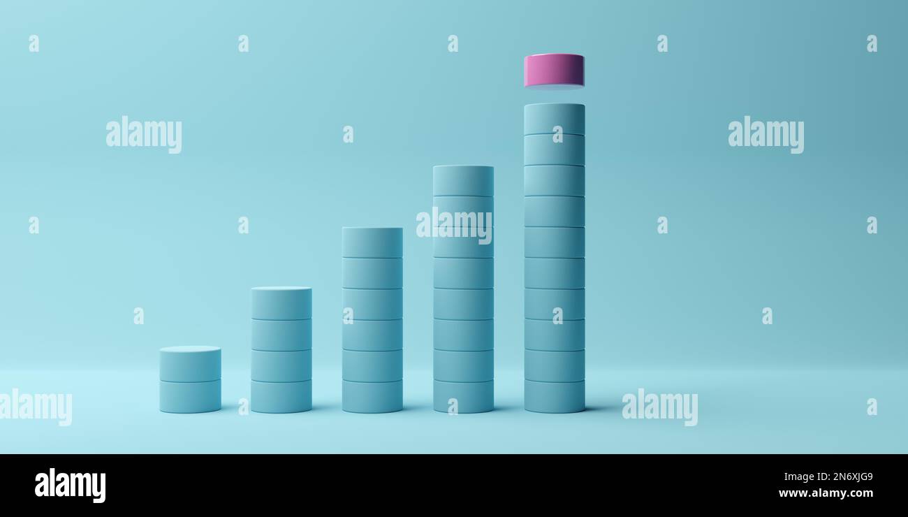 Pink cylinder on rising bar graph of blue cylinders on blue background ...