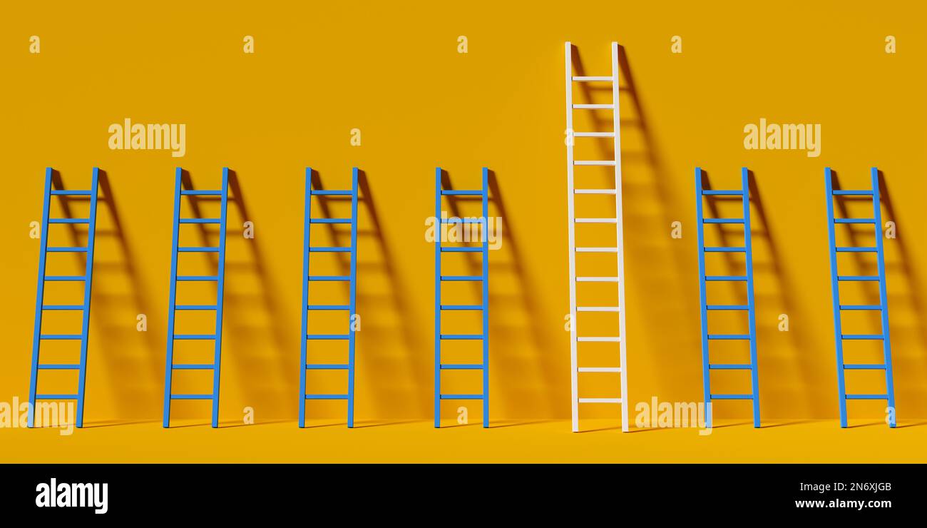 Series or row of ladders with one longer than the others against yellow ...