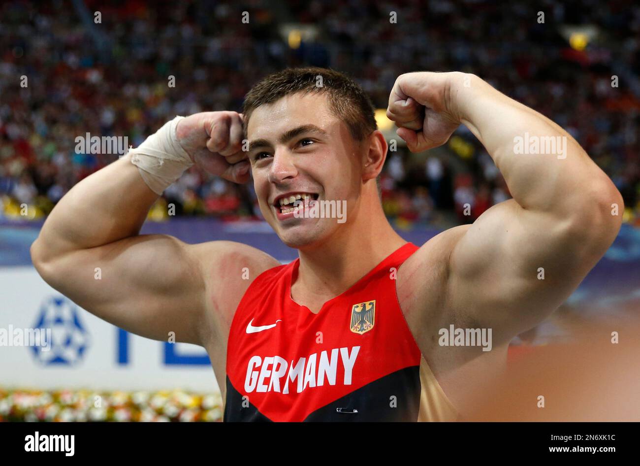 Germany's David Storl celebrates winning the gold medal in the men's ...