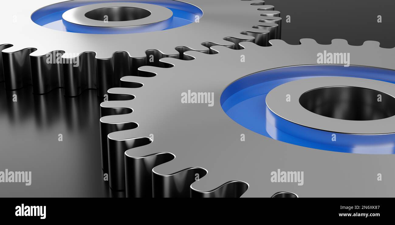 Two metal gears or cogwheels on black background, modern industry ...