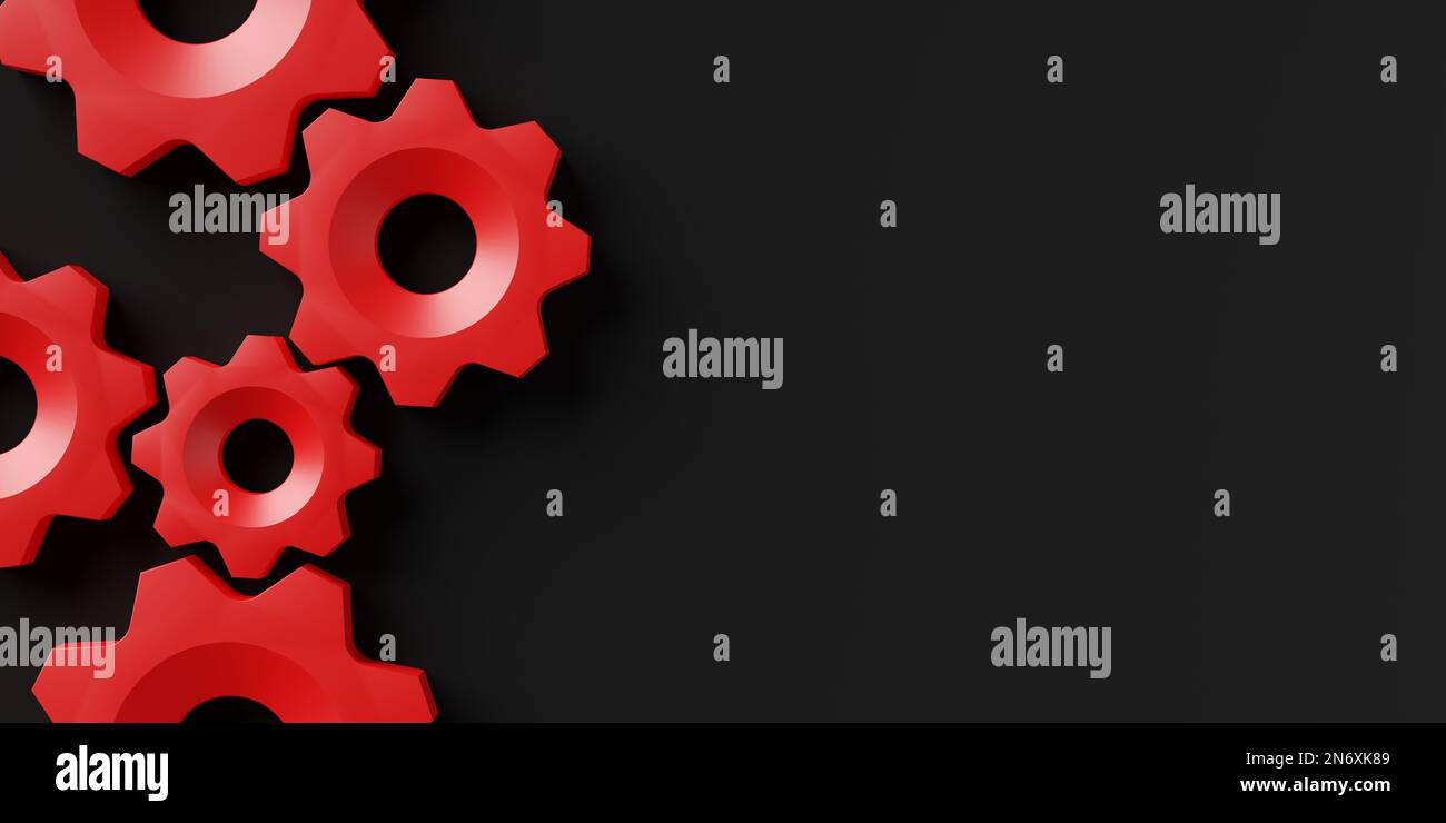 Group of red gears or cogwheels on black background with copy space ...
