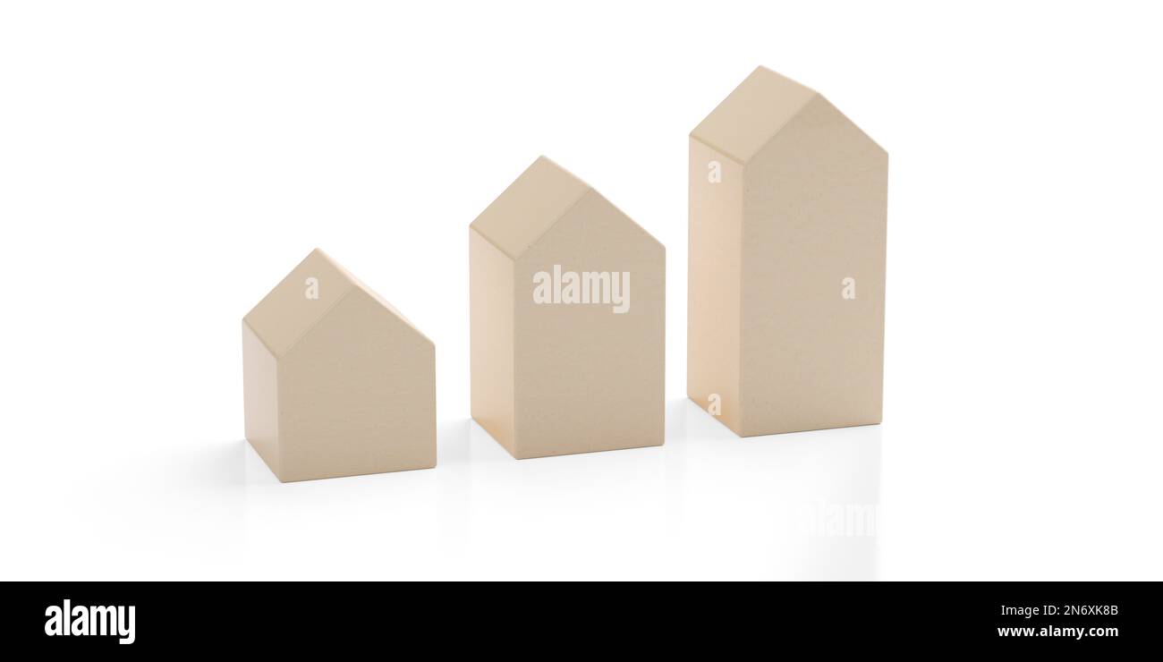 Three small wooden houses in rising heights over white background ...