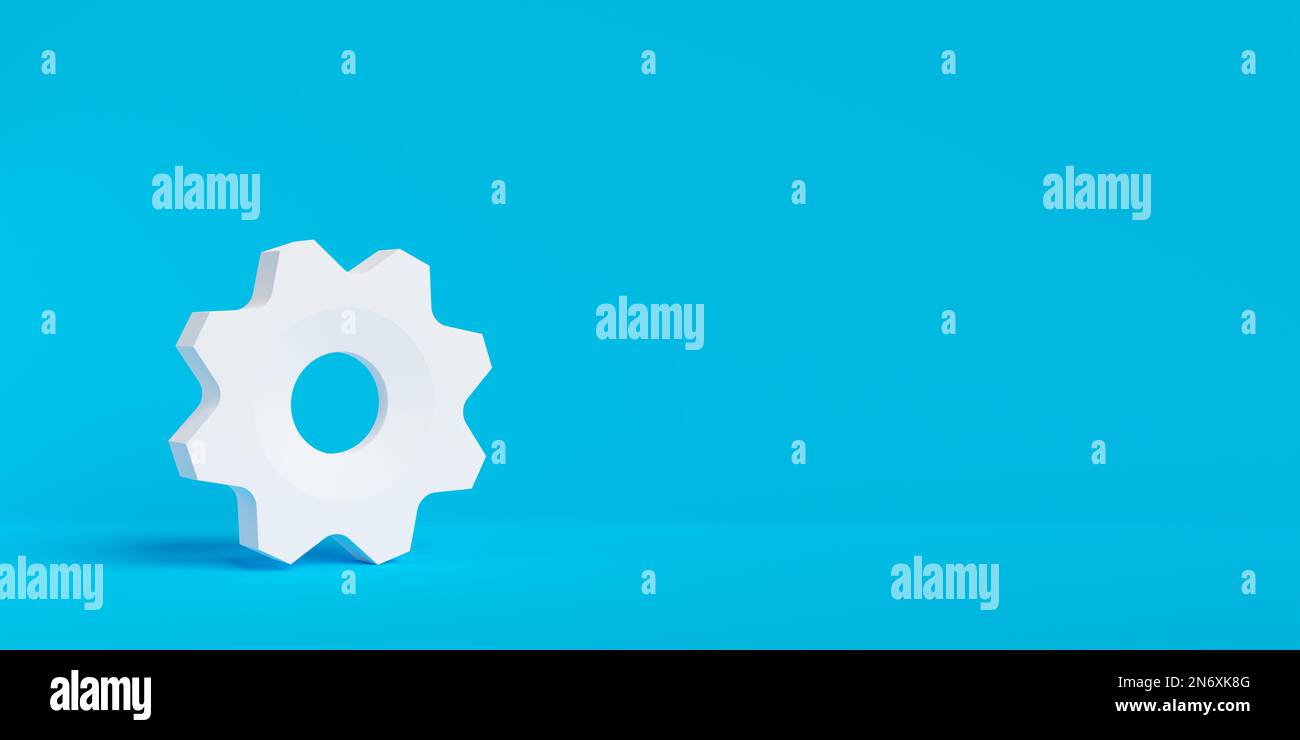 Single white gear or cogwheel on blue background with copy space ...