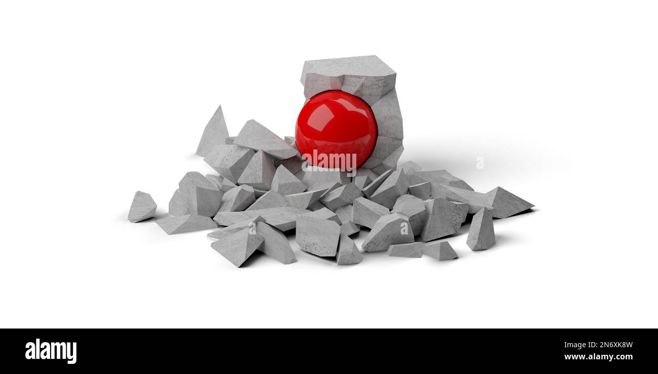 Broken shattered concrete cube or box reveals red sphere inside, secret ...