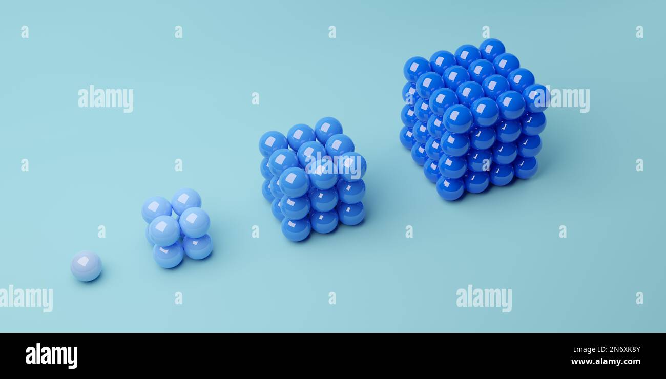 Blue spheres in growing cube formations over cyan background, abstract ...