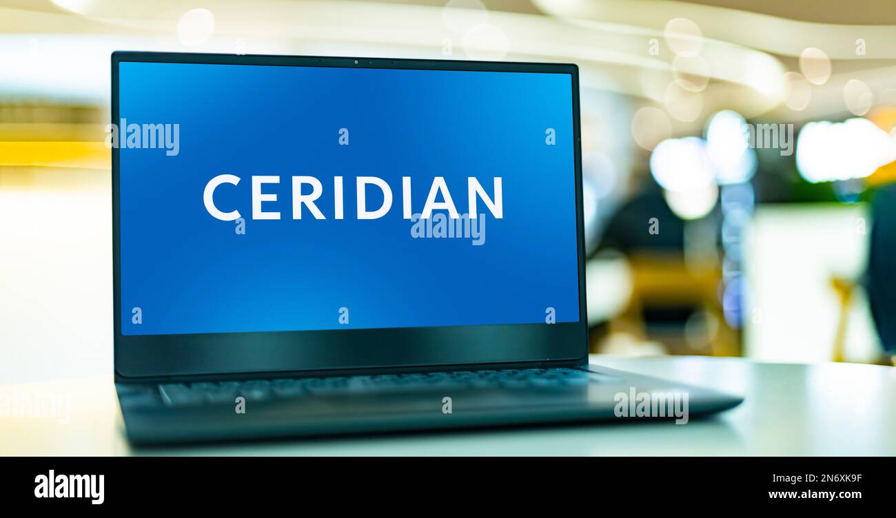 POZNAN, POL - MAY 4, 2022: Laptop computer displaying logo of Ceridian ...