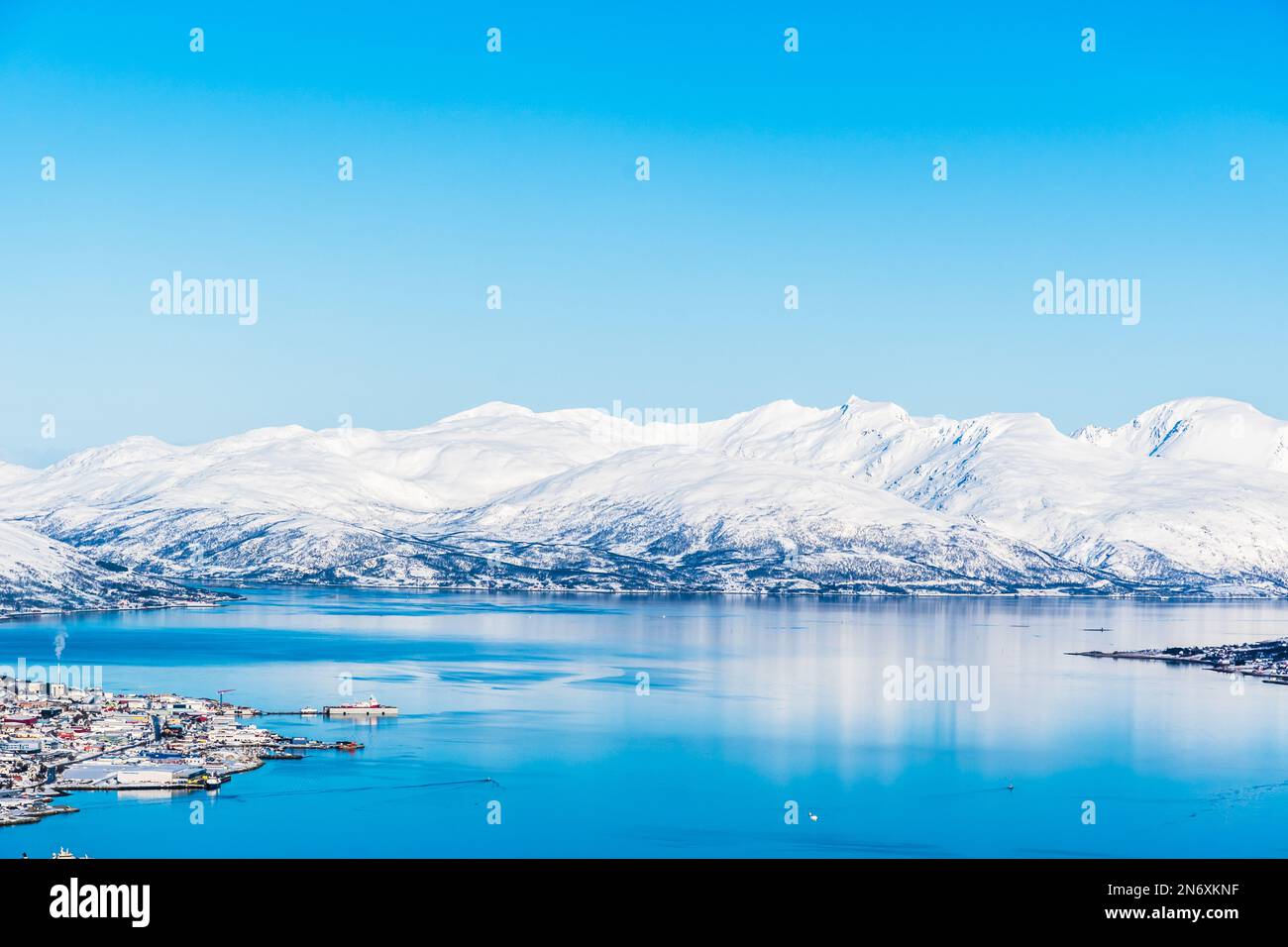 View from Mount Storsteinen on the Norwegian mountains around the city ...