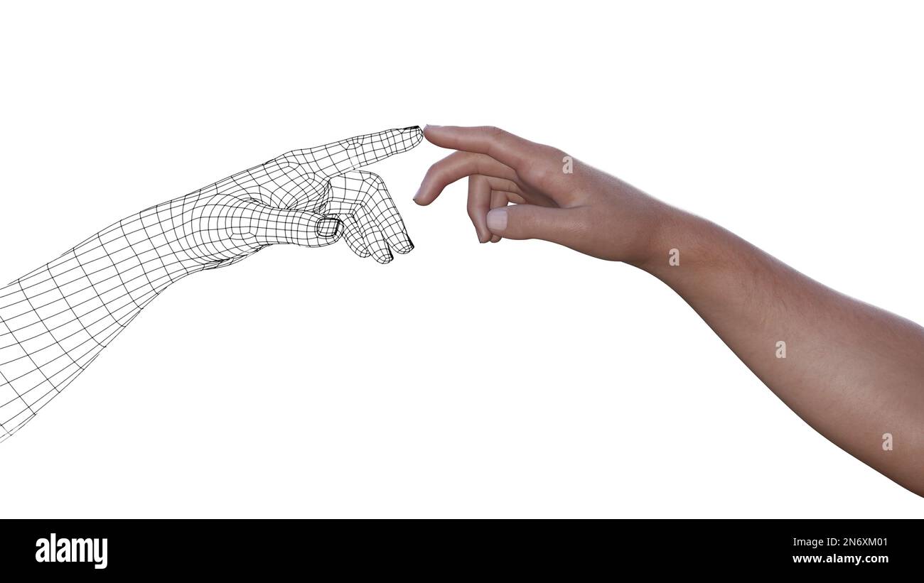 man's hand and hand wireframe touching with index fingers on a white ...