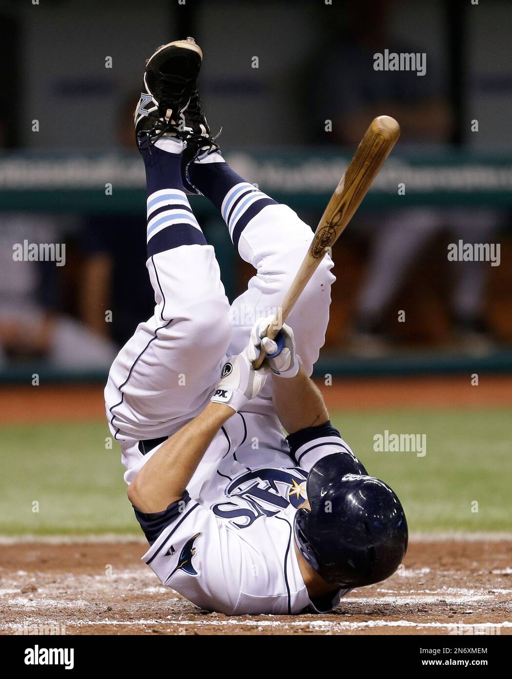 Tampa Bay Rays' Ben Zobrist hits the dirt after fouling a third-inning pitch from Seattle ...
