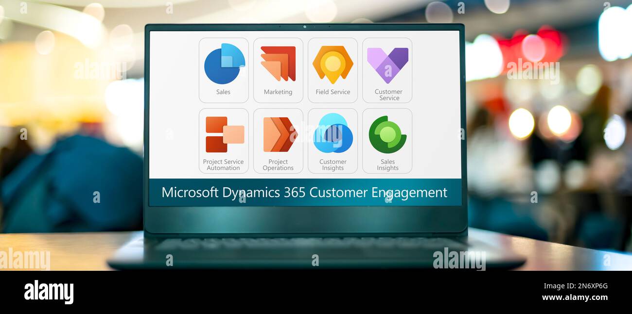 POZNAN, POL - MAY 24, 2022: Laptop computer displaying icons of Microsoft Dynamics 365 Customer ...