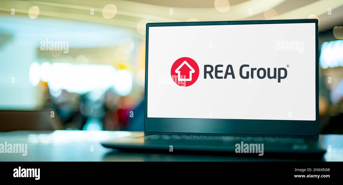 POZNAN, POL - JUN 28, 2022: Laptop computer displaying logo of REA ...