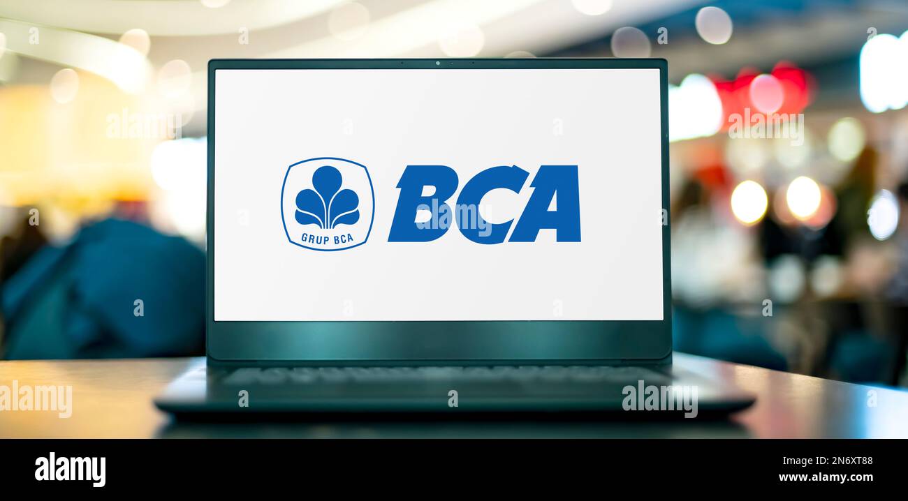 POZNAN, POL - JUL 20, 2022: Laptop computer displaying logo of Bank ...