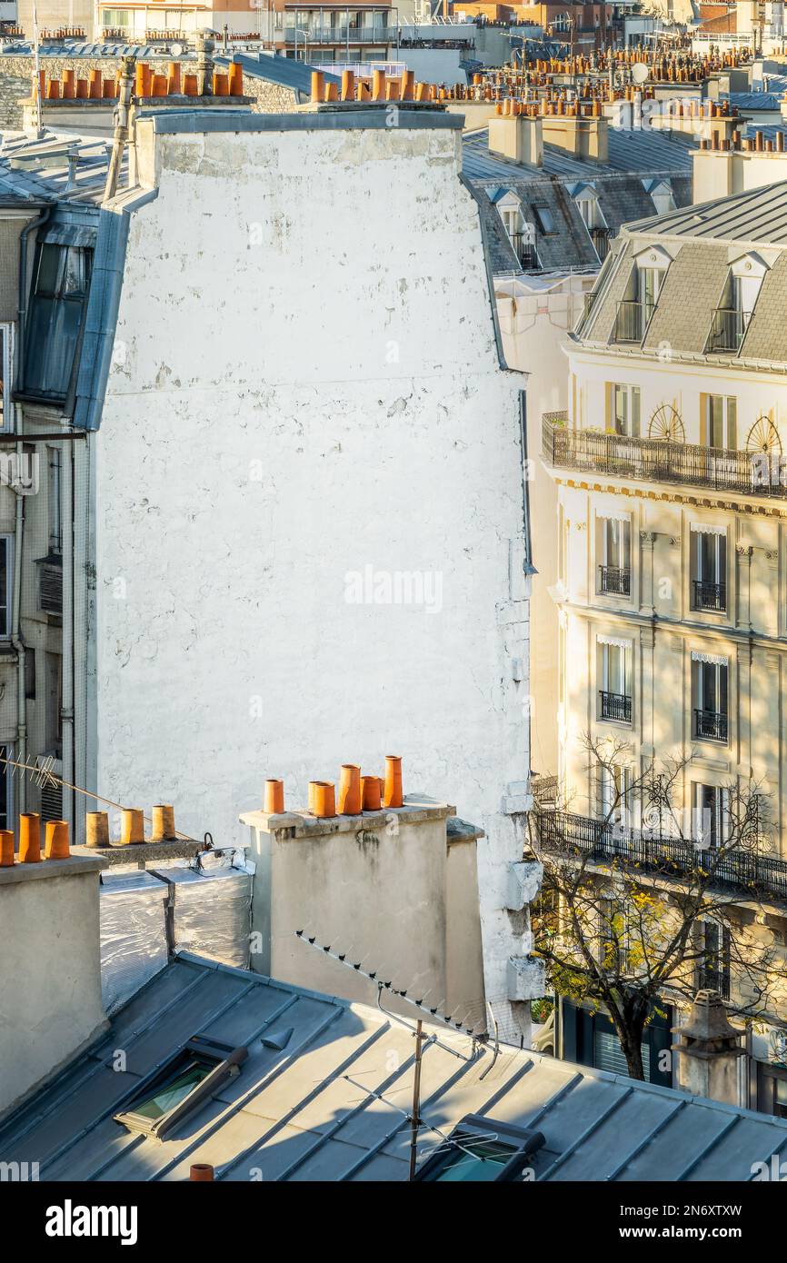 Aerial view of Paris, France with a white blank gable wall with copy ...