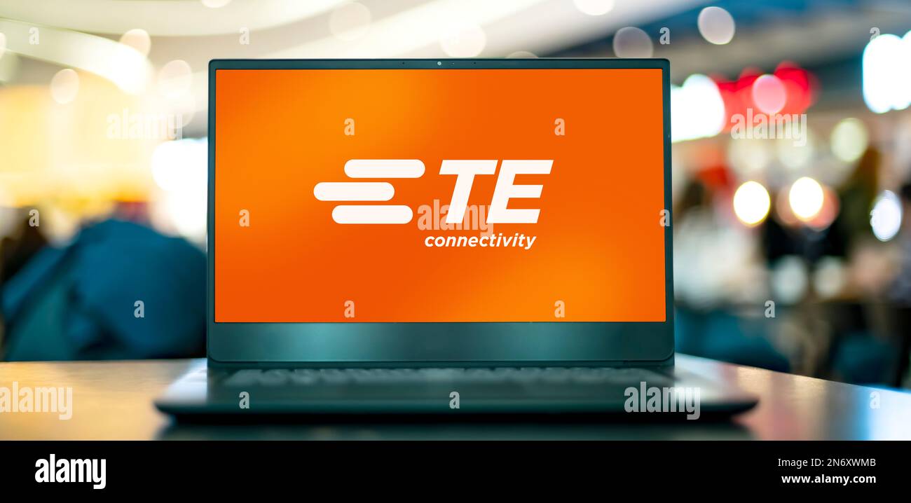 POZNAN, POL - AUG 2, 2022: Laptop computer displaying logo of TE ...