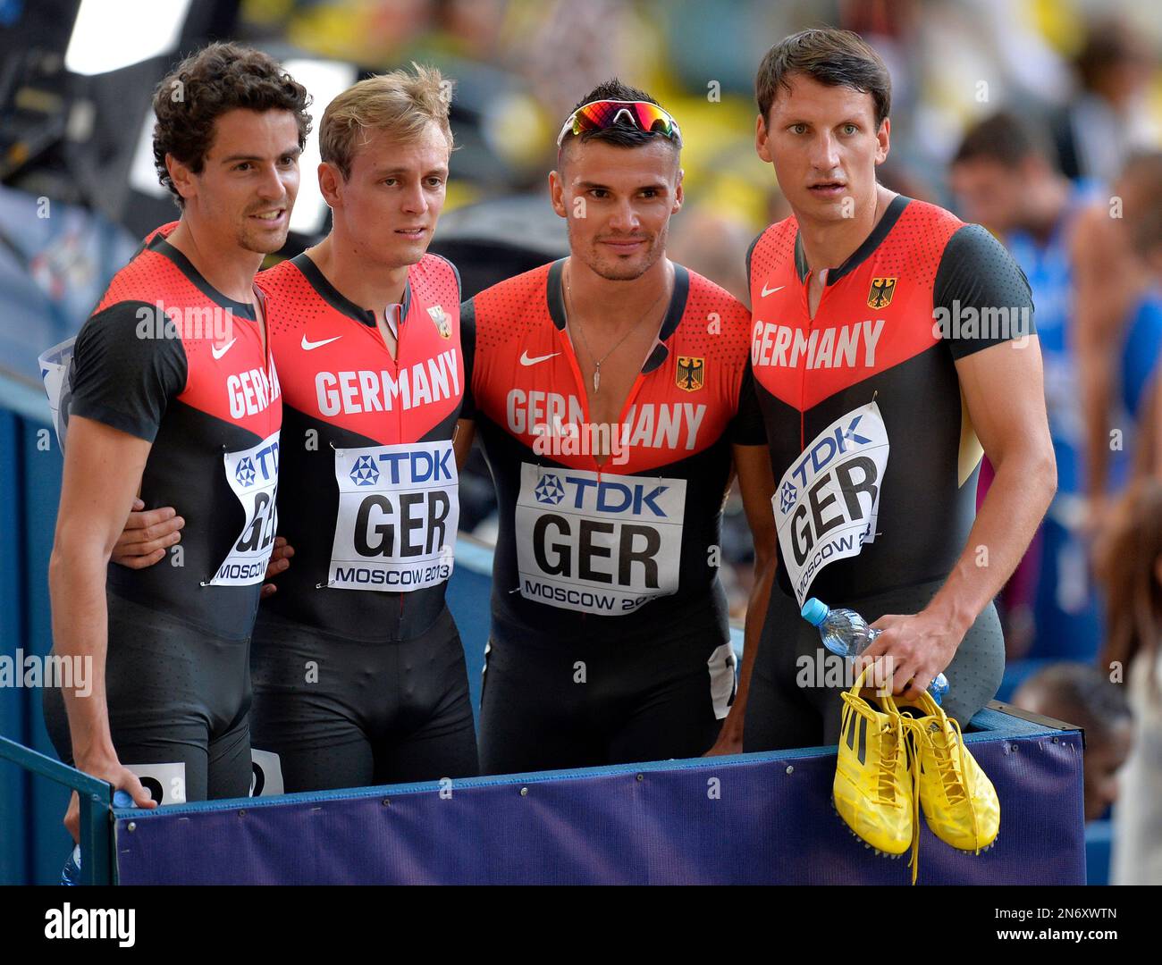 The German men's 4x400-meter relay heat leave the track at the World ...