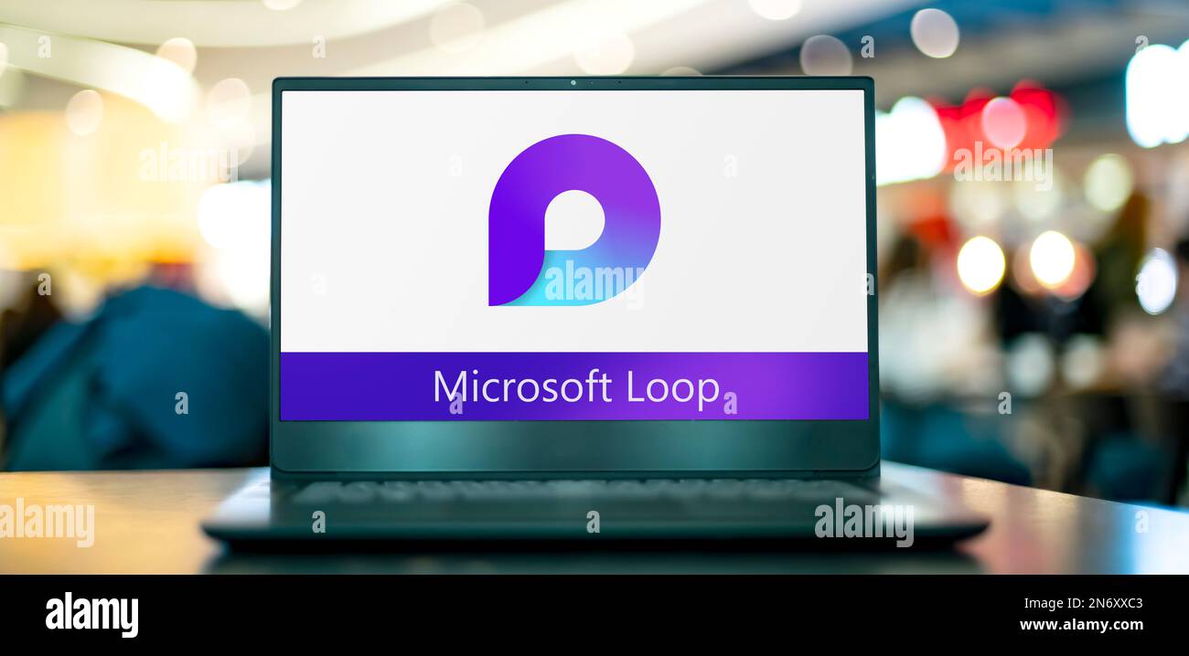 POZNAN, POL - SEP 8, 2022: Laptop computer displaying logo of Microsoft ...