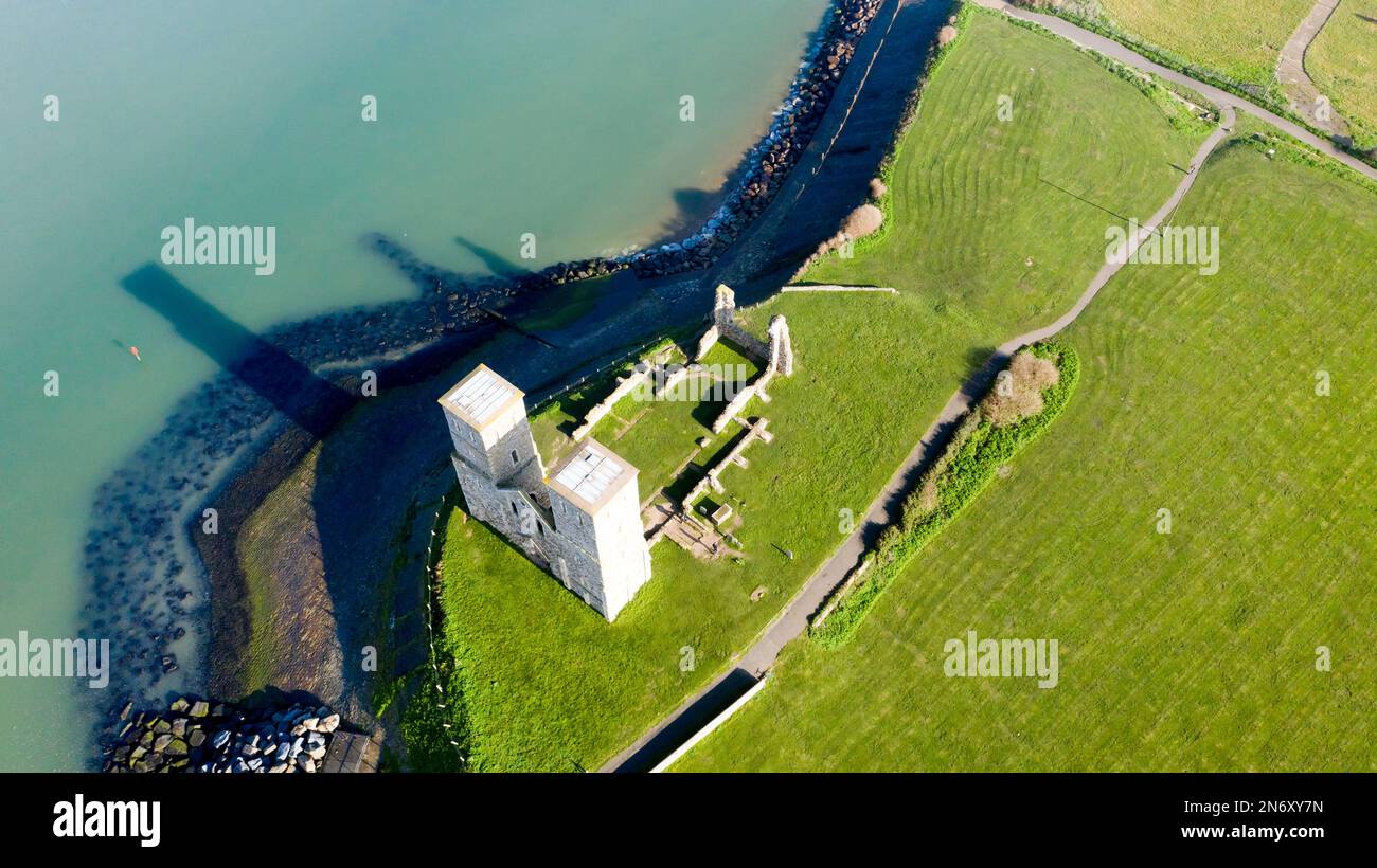 Aerial image of the ruins of St Mary's Church, at Reculver Country Park ...