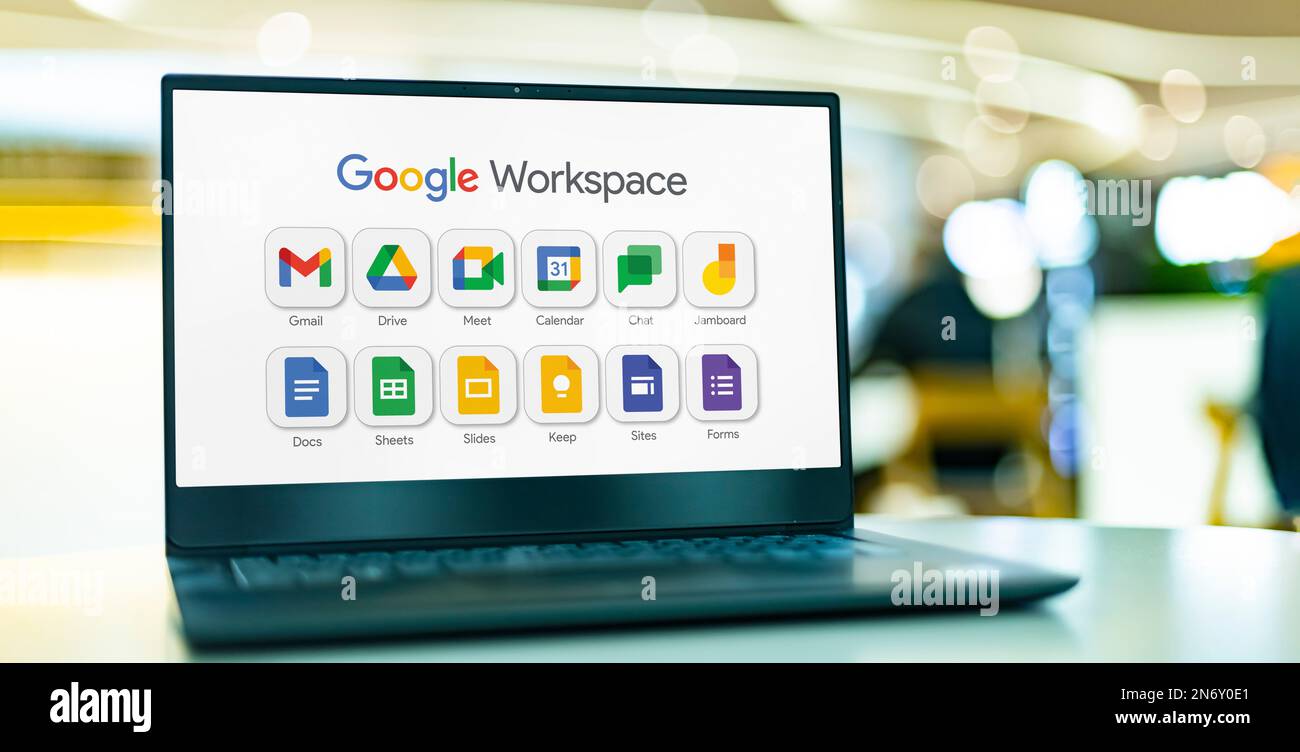 POZNAN, POL - NOV 8, 2022: Laptop computer displaying Google Workspace ...