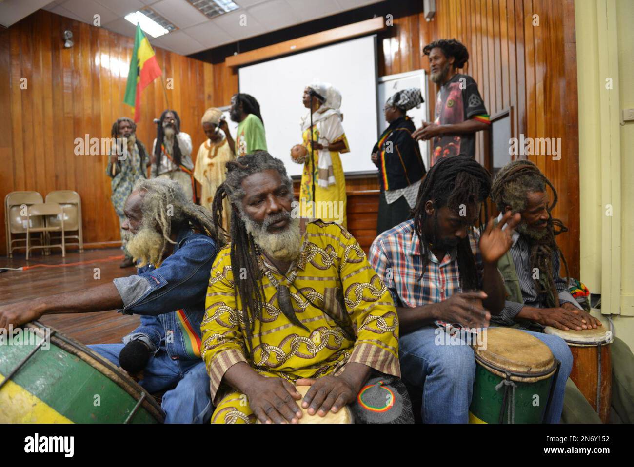 Rastafarians drum and chant during a weeklong conference and general ...
