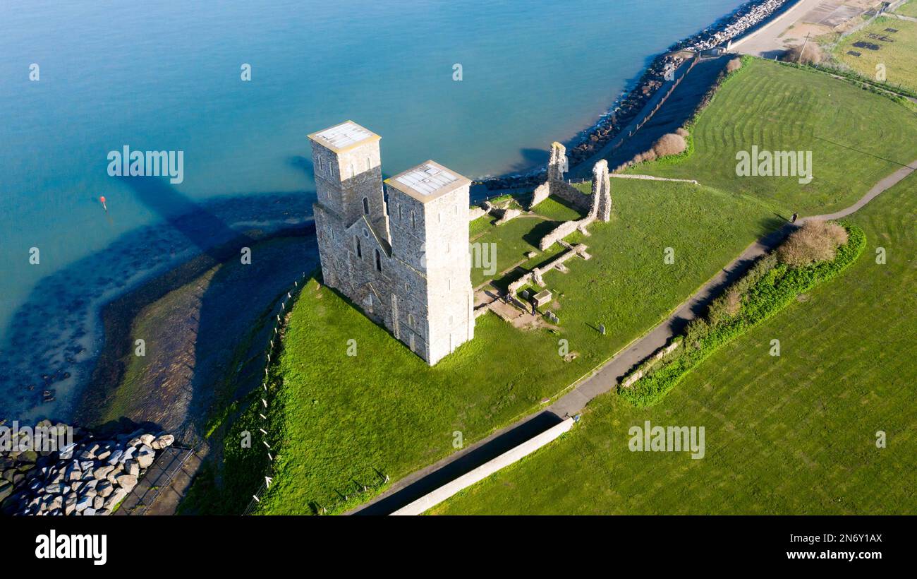 Aerial image of the ruins of St Mary's Church, at Reculver Country Park ...
