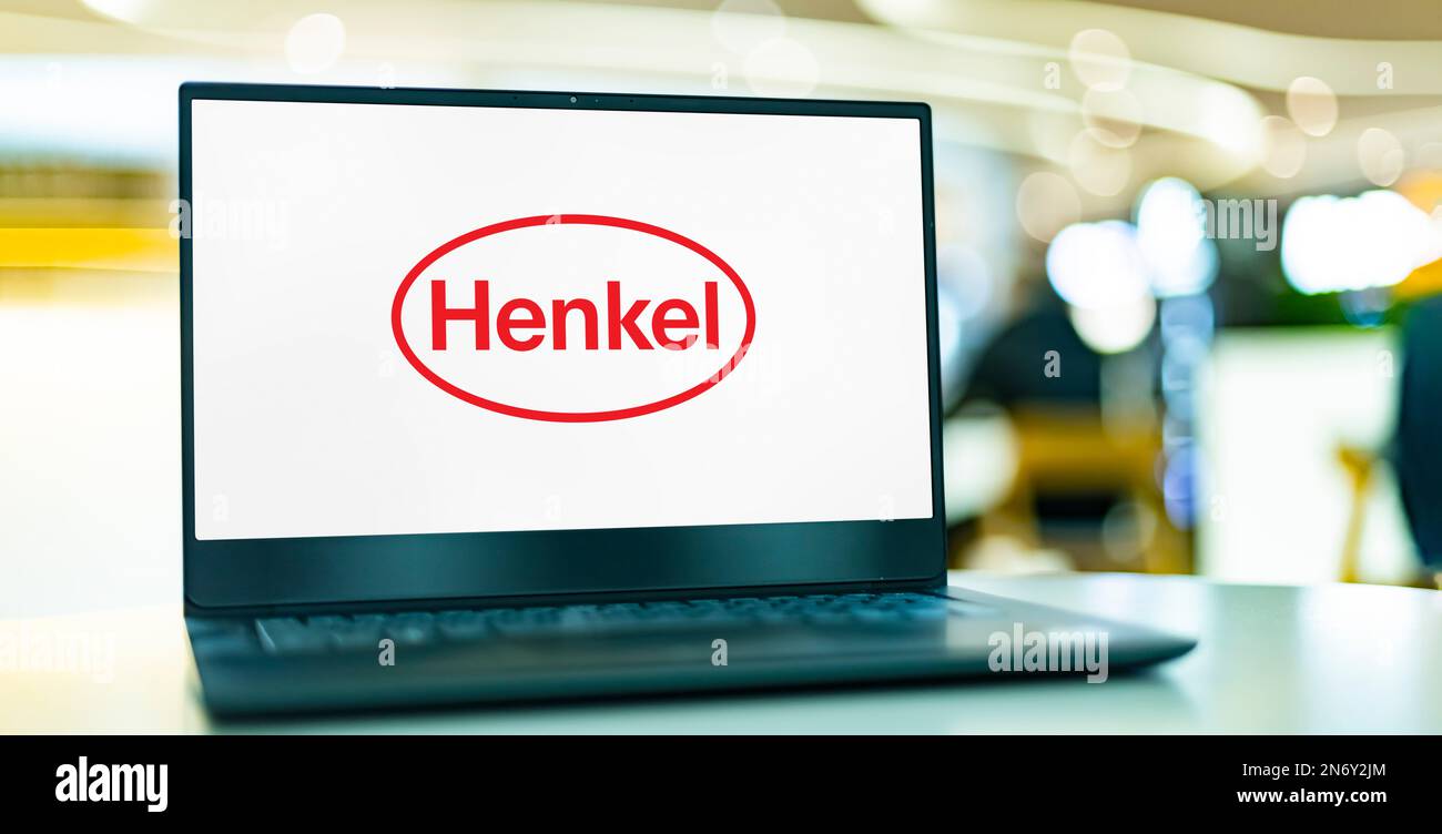 POZNAN, POL - DEC 28, 2022: Laptop computer displaying logo of Henkel ...