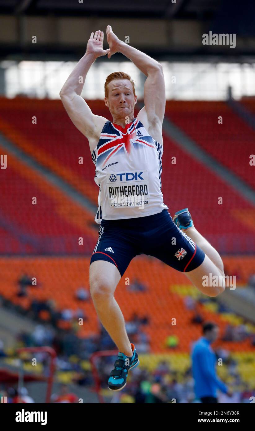 Britain's Greg Rutherford competes in the men's long jump qualification ...