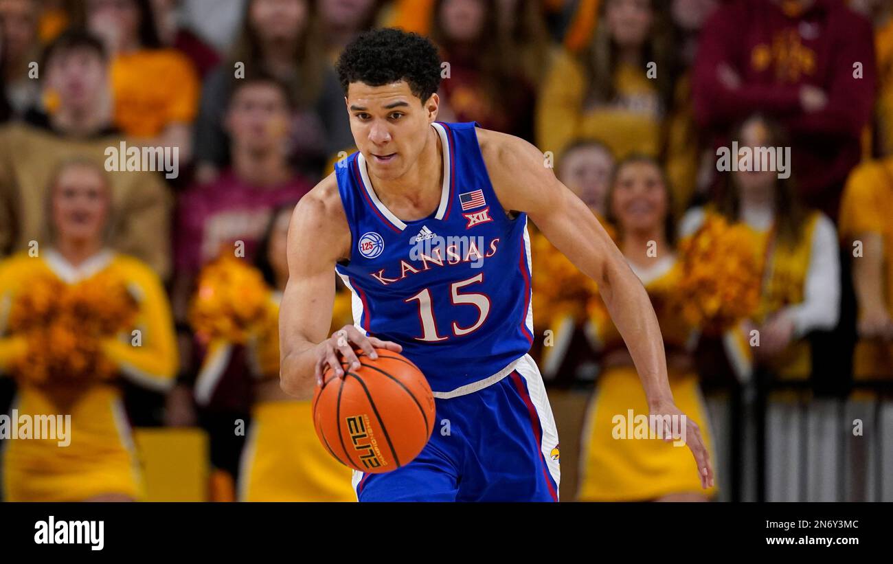 Kansas guard Kevin McCullar Jr. drives up court during an NCAA college ...