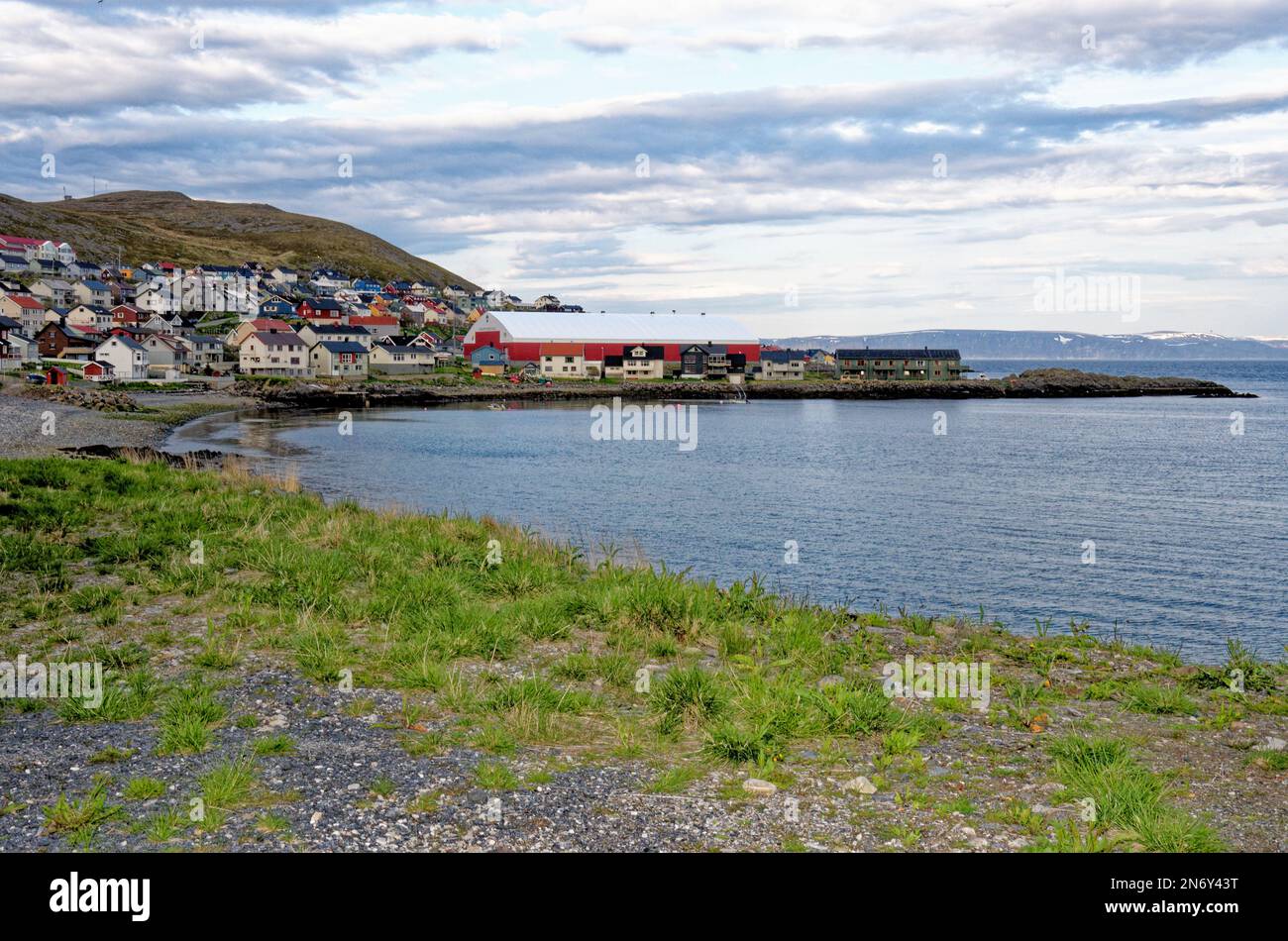 Panoramic view of Honningsvag town and bay in Mageroya island - the ...