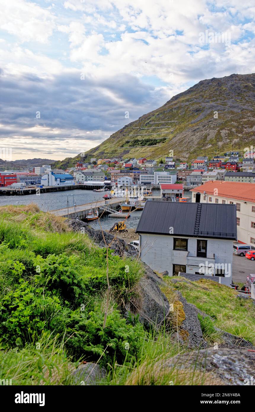 Panoramic view of Honningsvag town and bay in Mageroya island - the ...