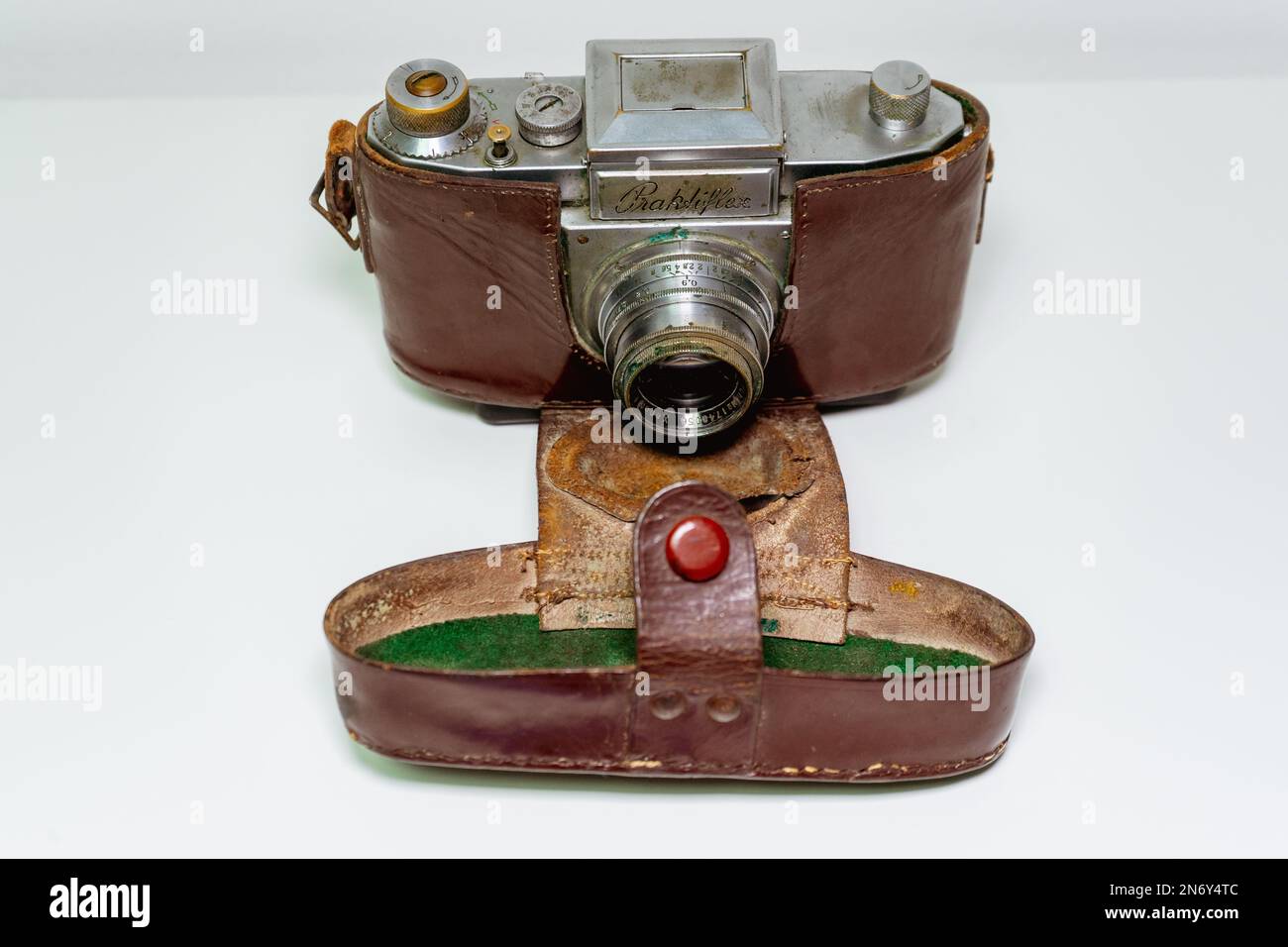 A closeup of an old retro brown vintage film camera made in Germany ...