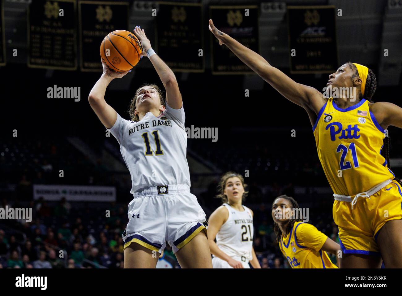 South Bend, Indiana, USA. 09th Feb, 2023. Notre Dame guard Sonia Citron (11) goes up for a shot ...