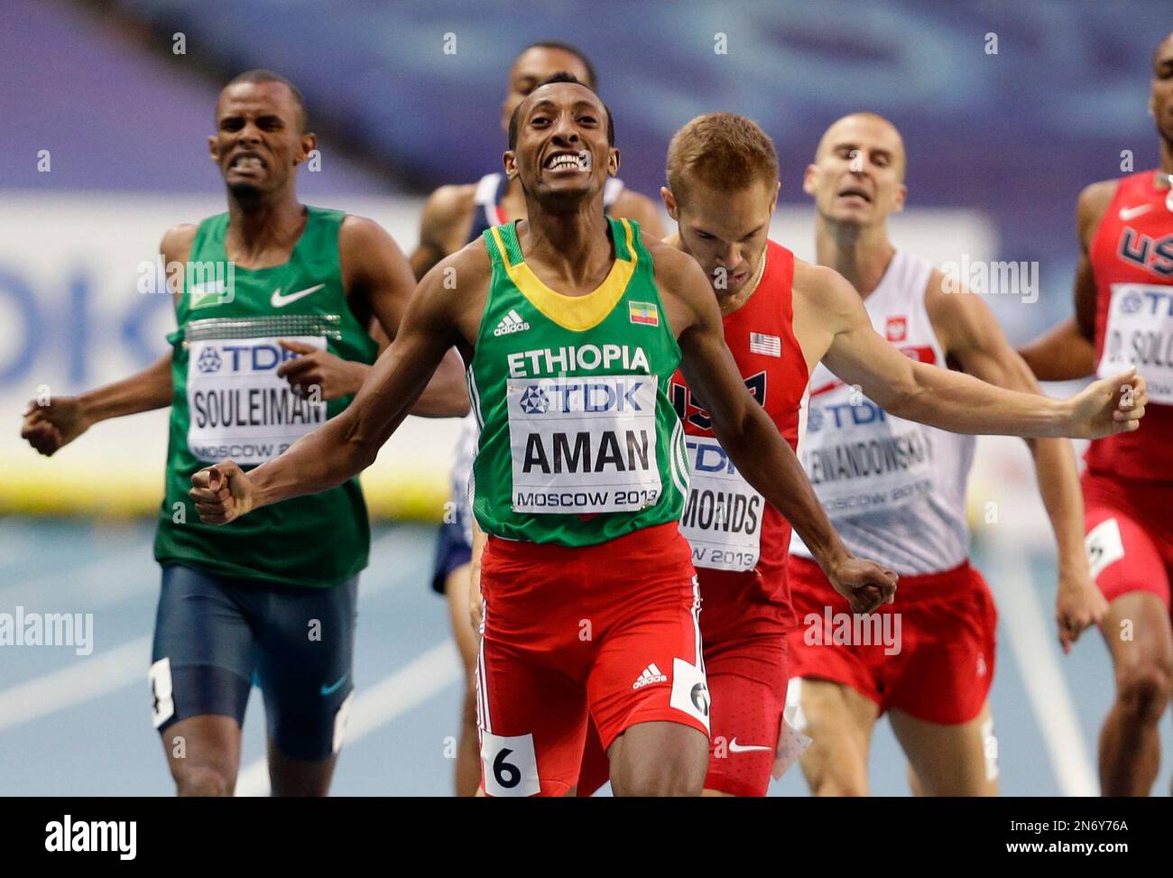 Ethiopia's Mohammed Aman crosses the finish line to win the men's 800-meter final ahead of ...