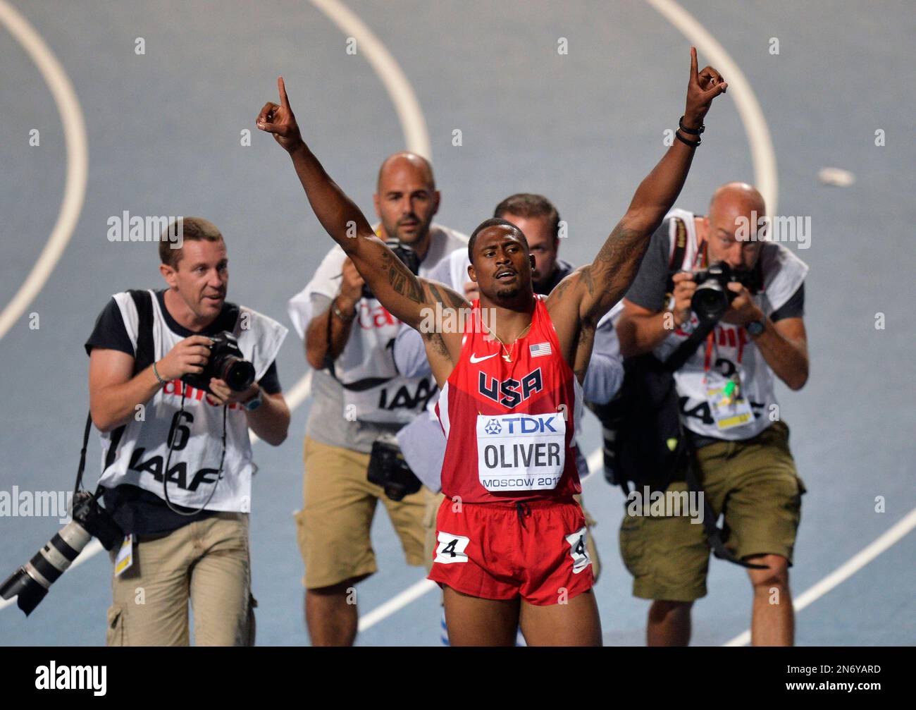 United States' David Oliver celebrates winning gold in the men's 110 ...