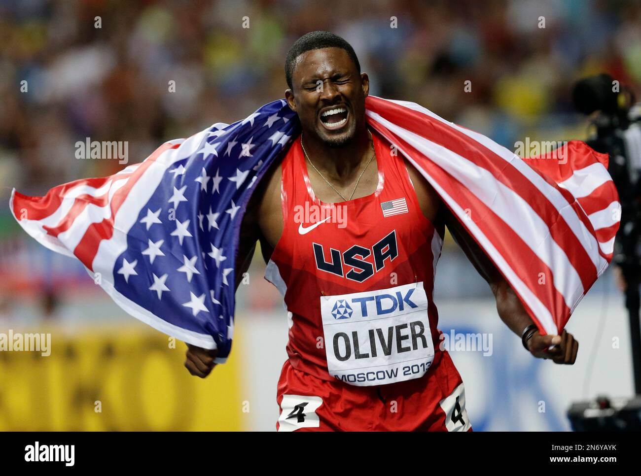 USA's David Oliver celebrates after winning the men's 110-meter hurdles ...