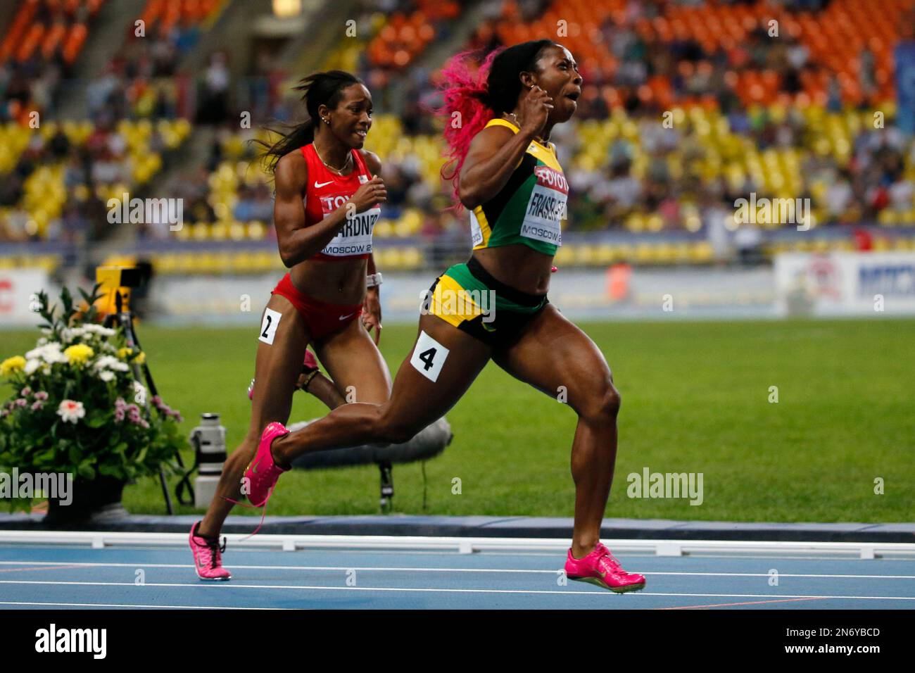 Jamaica's Shelly-Ann Fraser-Pryce approaches the finish line ahead of ...