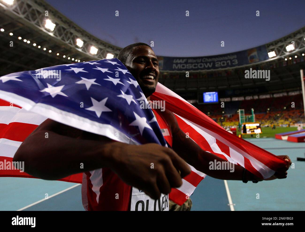 United States' David Oliver celebrates his gold medal in the men's 110 ...