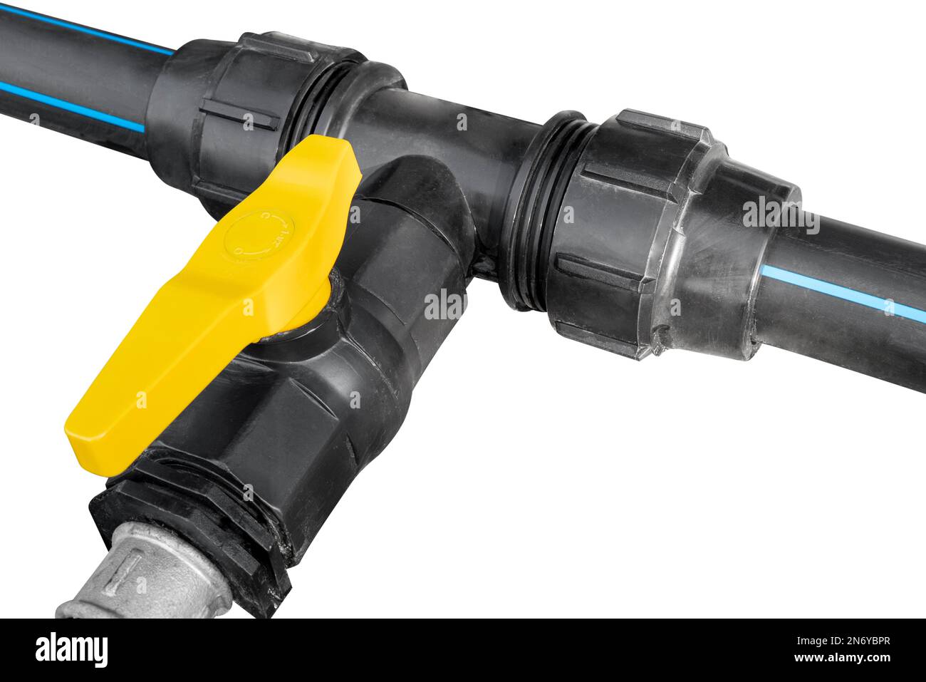 Plumbing fittings isolated on a white background. A yellow tap in a ...