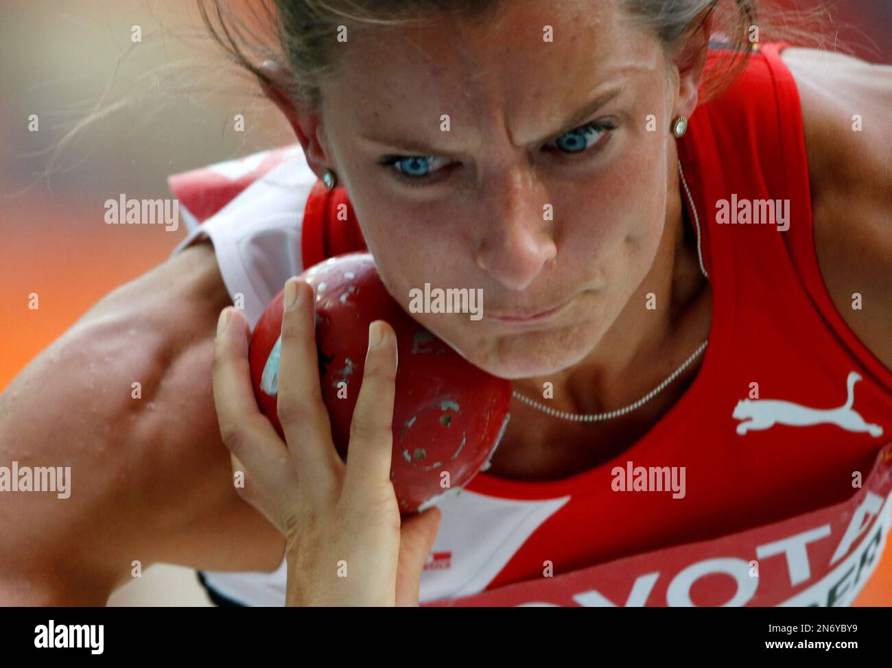 Switzerland's Ellen Sprunger competes in the shot put in the heptathlon ...