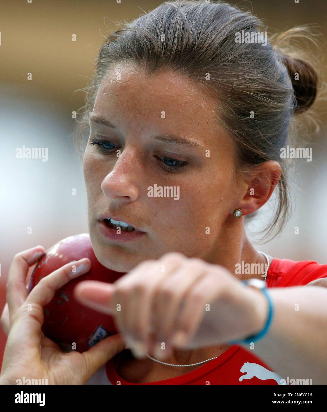 Switzerland's Ellen Sprunger competes in the shot put in the heptathlon ...