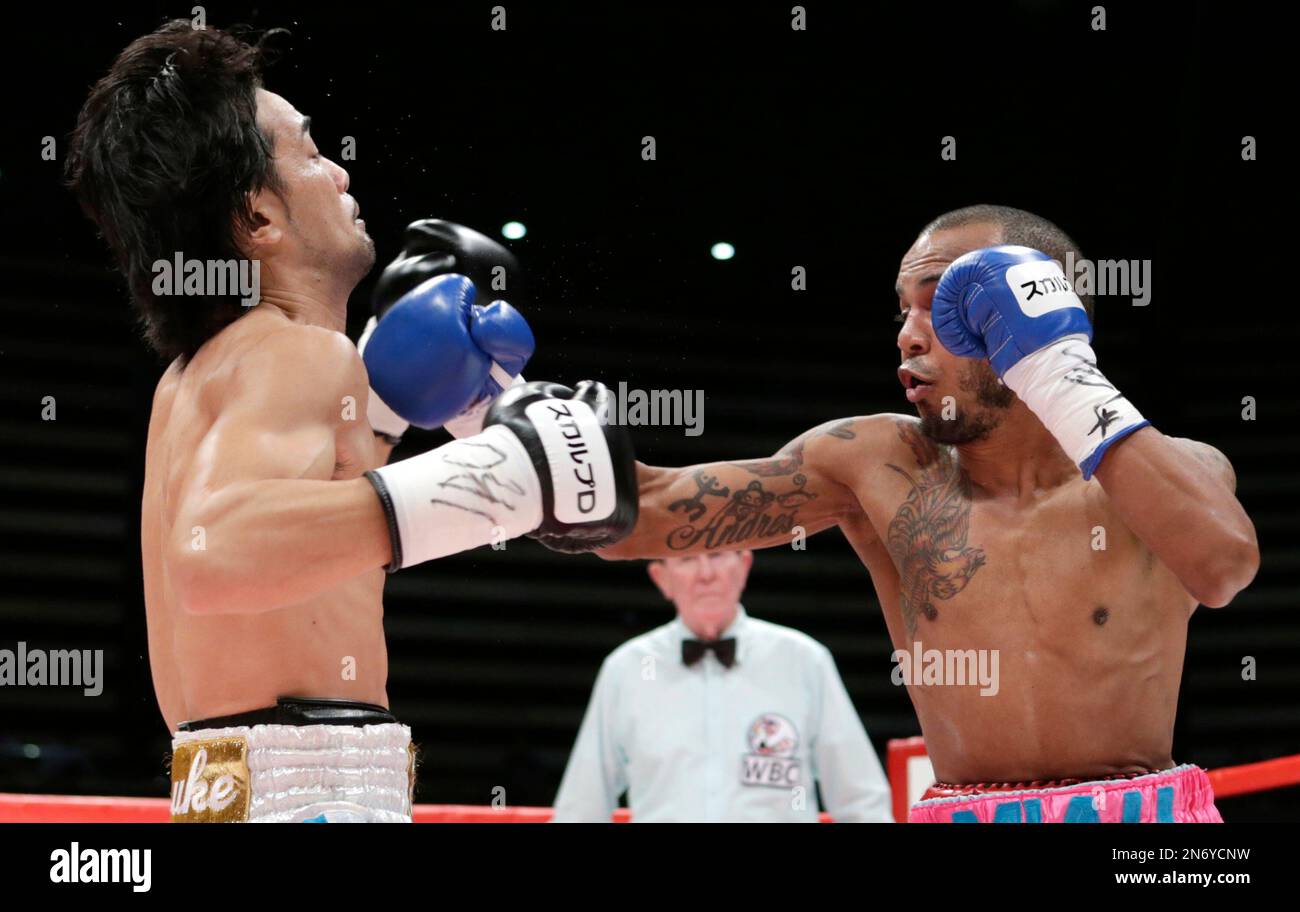 Challenger Jose Nieves, right, of Puerto Rico hits Shinsuke Yamanaka of ...