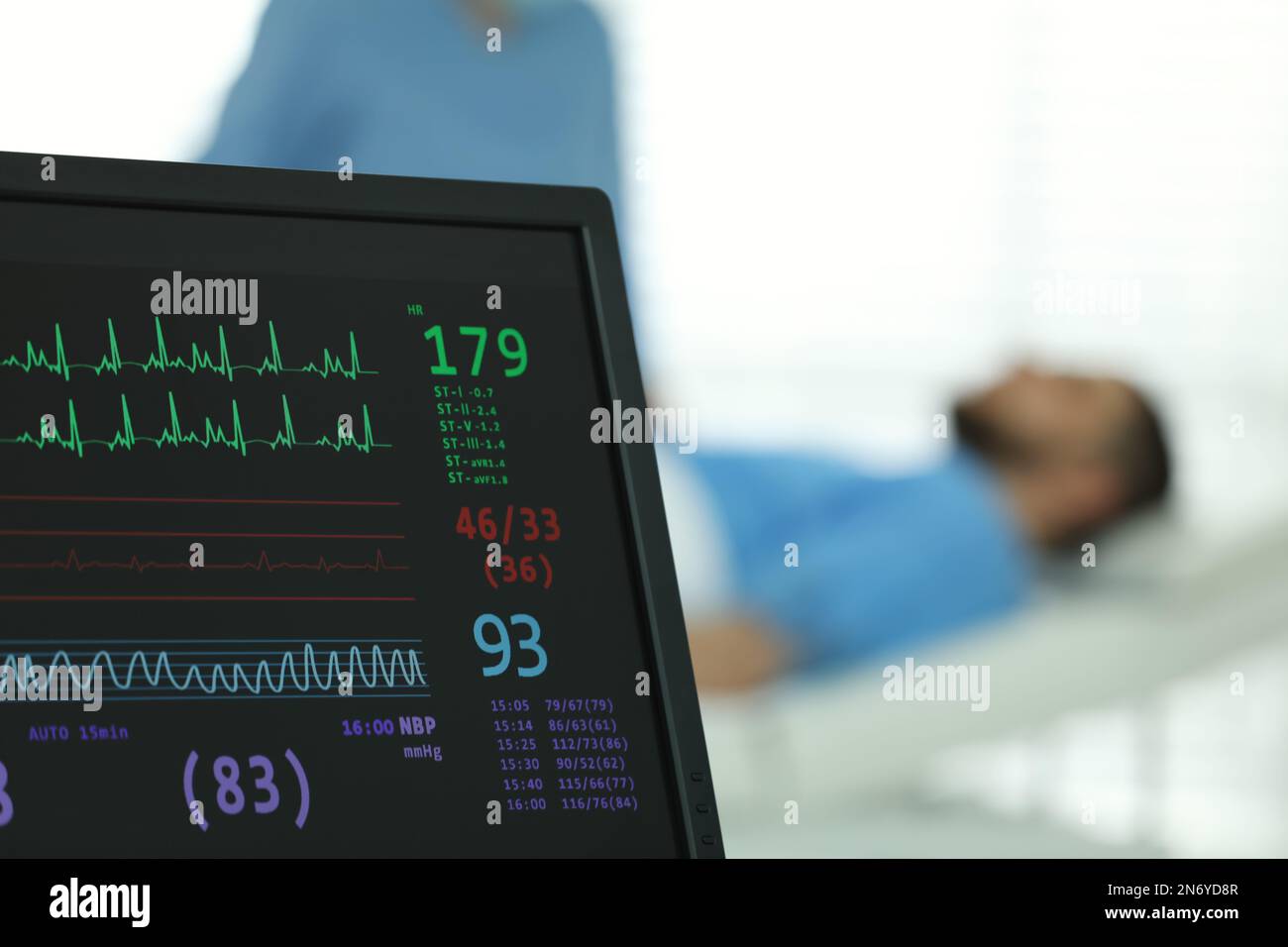 Monitor with cardiogram in hospital, focus on screen. Space for text ...