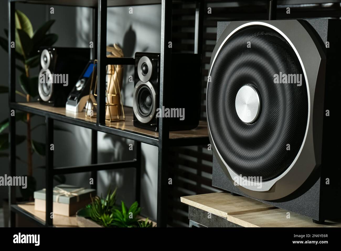 Modern powerful audio speaker system on shelving indoors Stock Photo ...